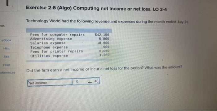 Solved Exercise 2.6 (Algo) Computing net Income or net loss. | Chegg.com