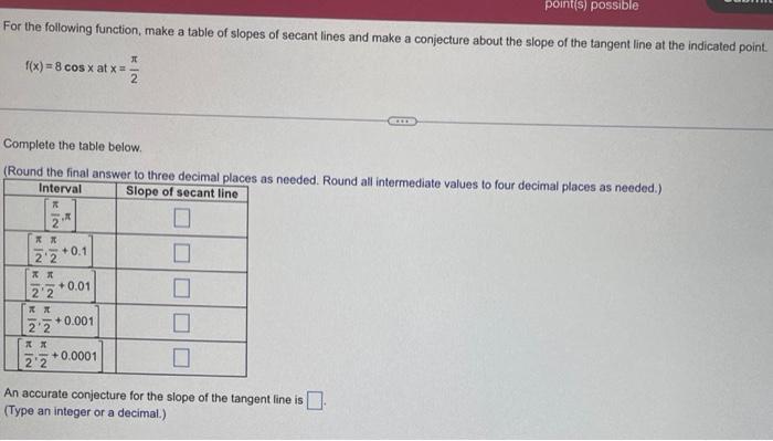 Solved For the following function, make a table of slopes of | Chegg.com
