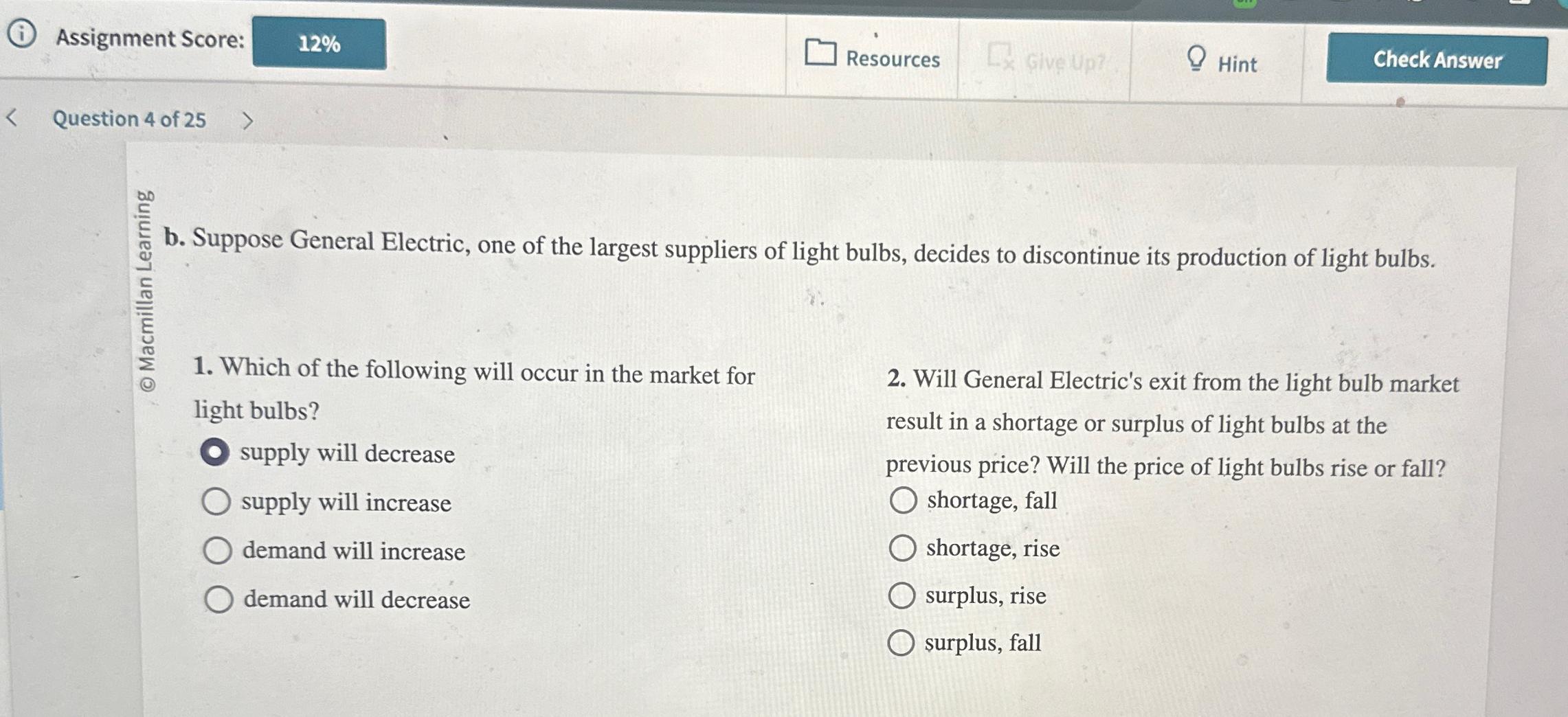 Solved Assignment Score:ResourcesHintQuestion 4 ﻿of 25b. | Chegg.com