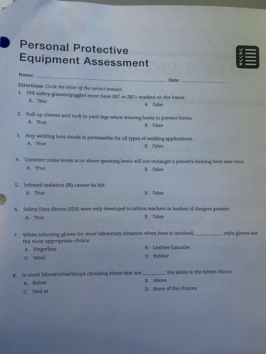 Solved Personal Protective Equipment Assessment Name: Date: | Chegg.com