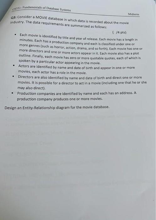 Midterm Q3: Consider a MOVIE database in which data | Chegg.com