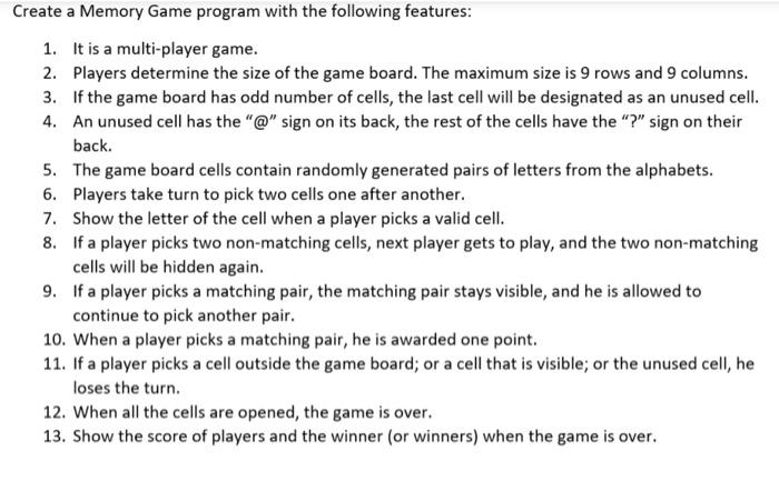 Solved Create a Memory Game program with the following | Chegg.com