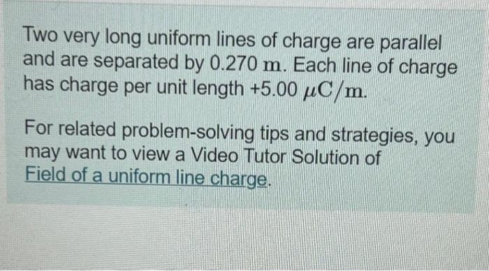 Solved Two very long uniform lines of charge are parallel | Chegg.com
