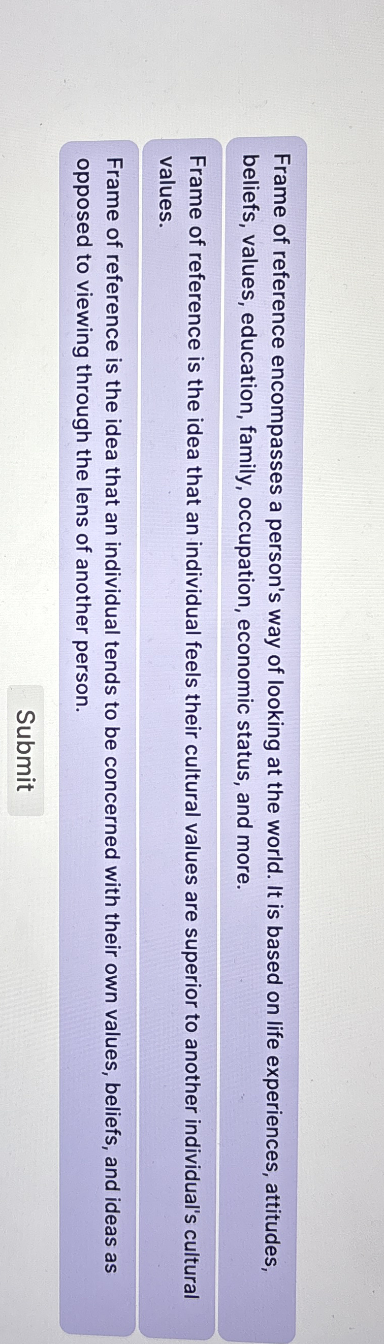 Solved Frame of reference encompasses a person's way of | Chegg.com