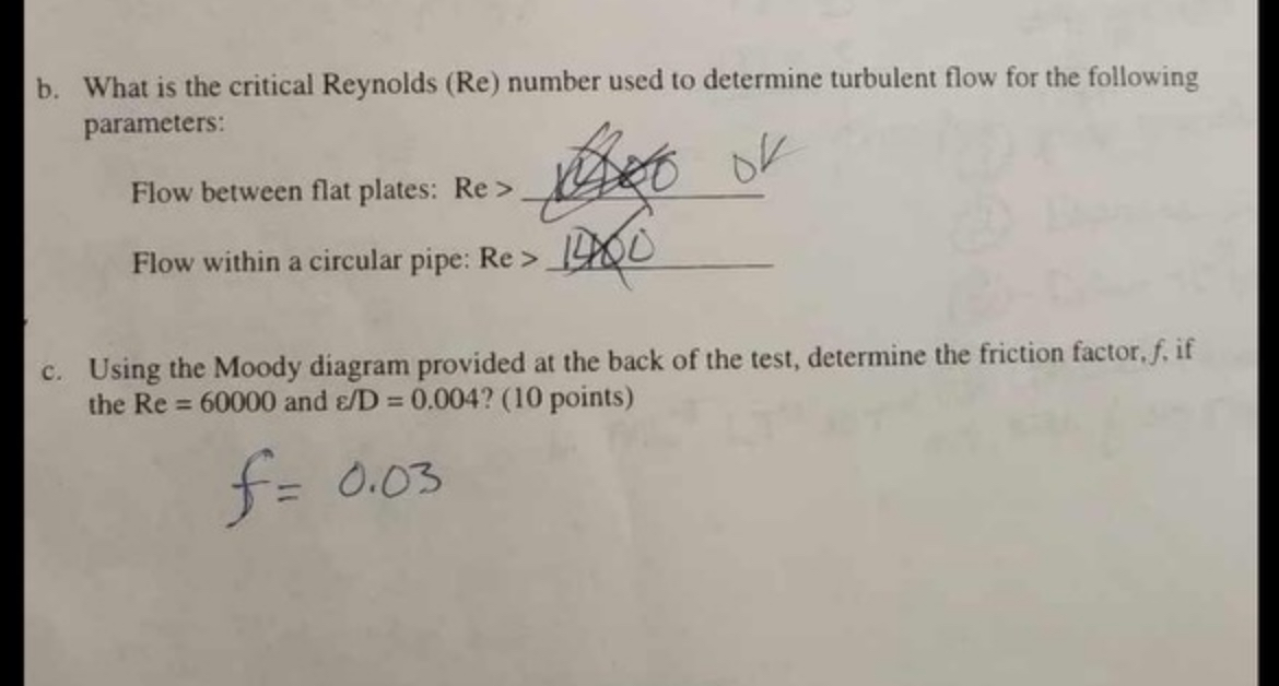 Solved b. ﻿What is the critical Reynolds ( Re ﻿number used | Chegg.com