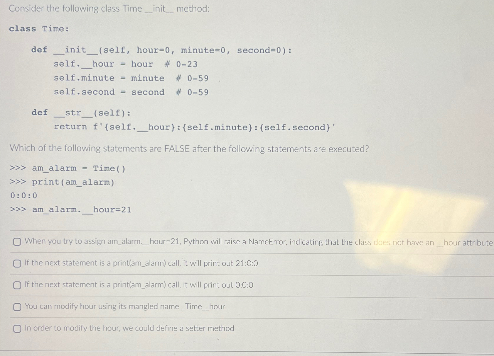 Solved Consider the following class Time method:class | Chegg.com