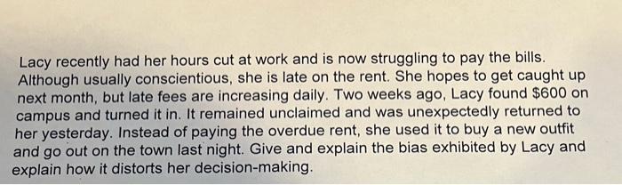 Solved Lacy recently had her hours cut at work and is now | Chegg.com