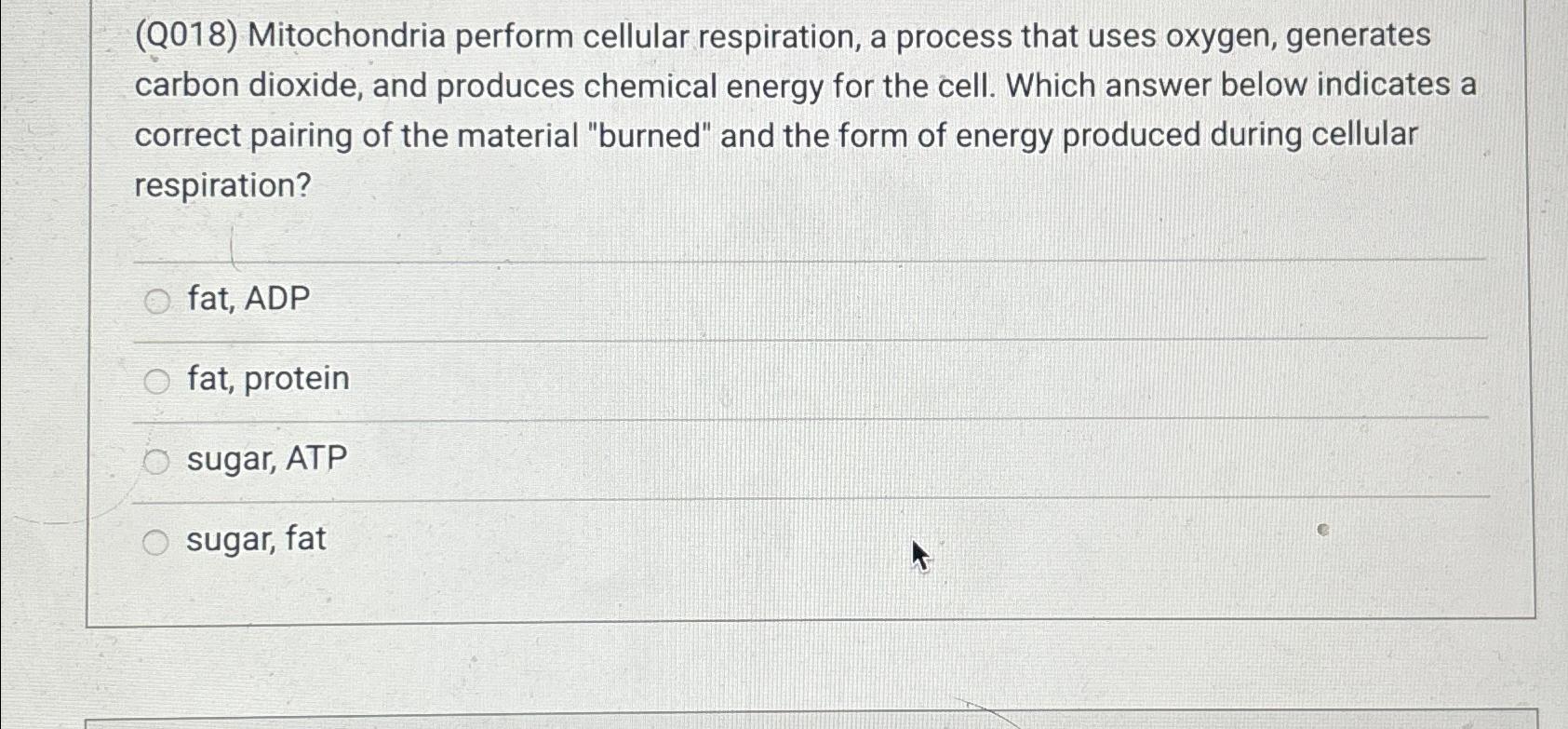 Solved (Q018) ﻿Mitochondria perform cellular respiration, a | Chegg.com