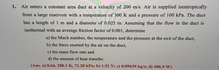 Solved 1. Air enters a constant area duct at a velocity of | Chegg.com