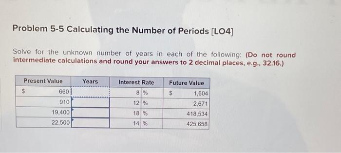 Solved Problem 5-5 Calculating the Number of Periods [LO4] | Chegg.com