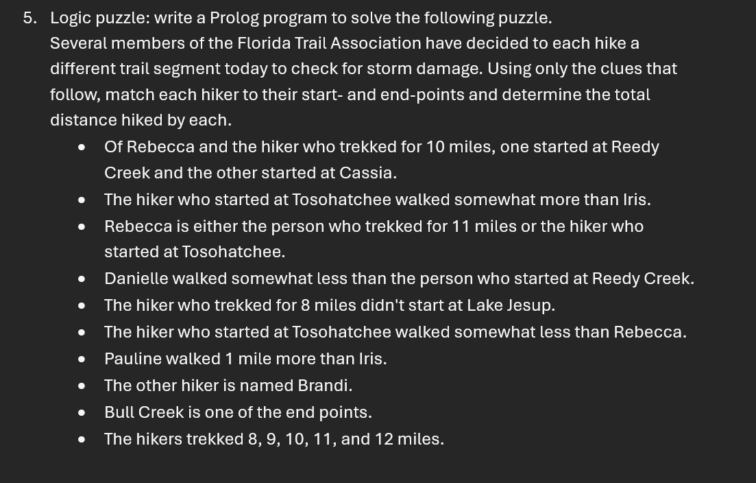 5. ﻿Logic puzzle: write a Prolog program to solve the | Chegg.com