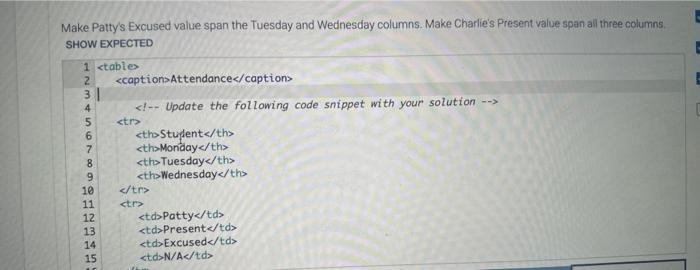 CSS helpMake Patty's Excused value span the Tuesday | Chegg.com