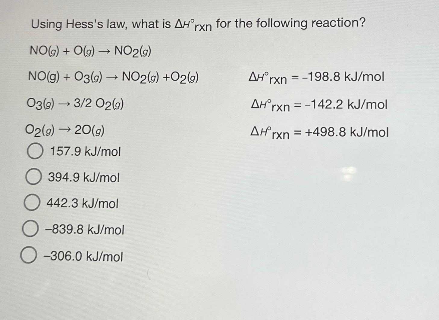 Solved Using Hess's law, what is ΔH°rxn ﻿for the following | Chegg.com