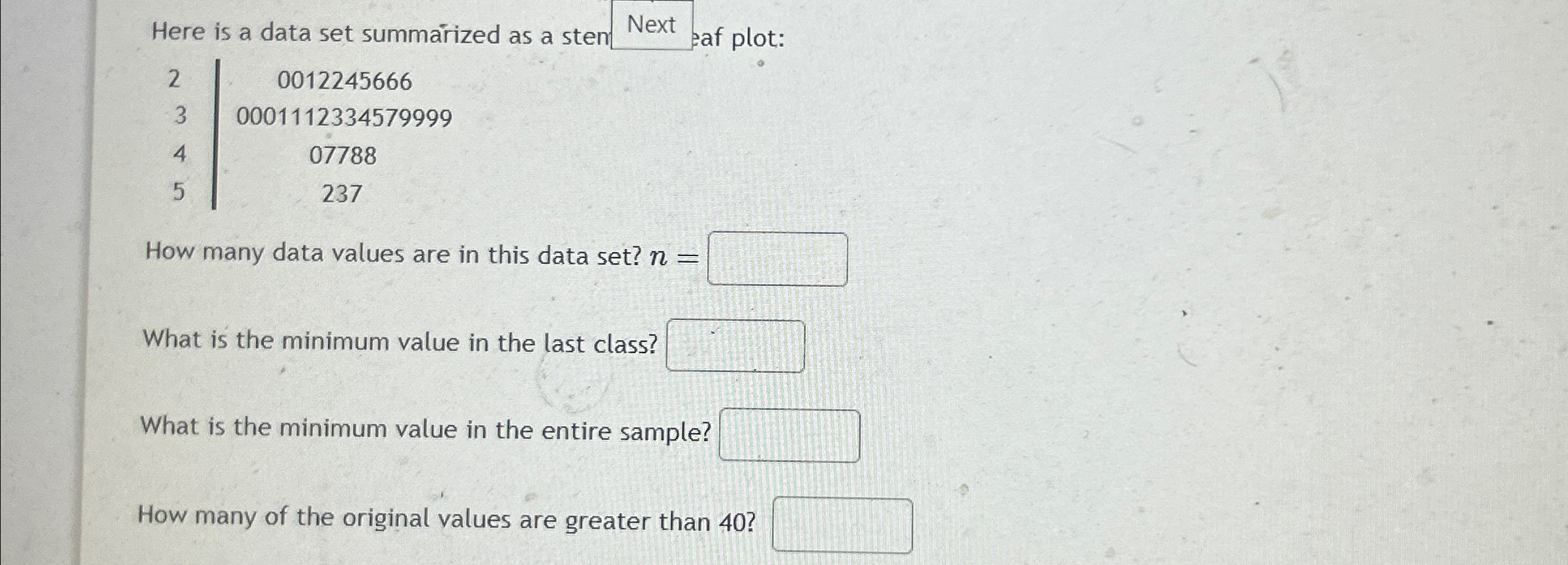 Solved Here is a data set summarized as a stem q,q, ﻿eaf | Chegg.com