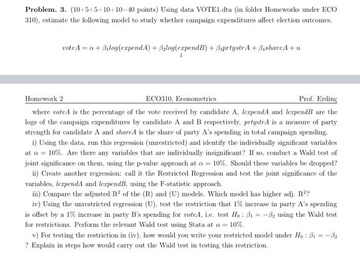 Problem. 3. (10+5+5+10+10=40 points) Using data | Chegg.com