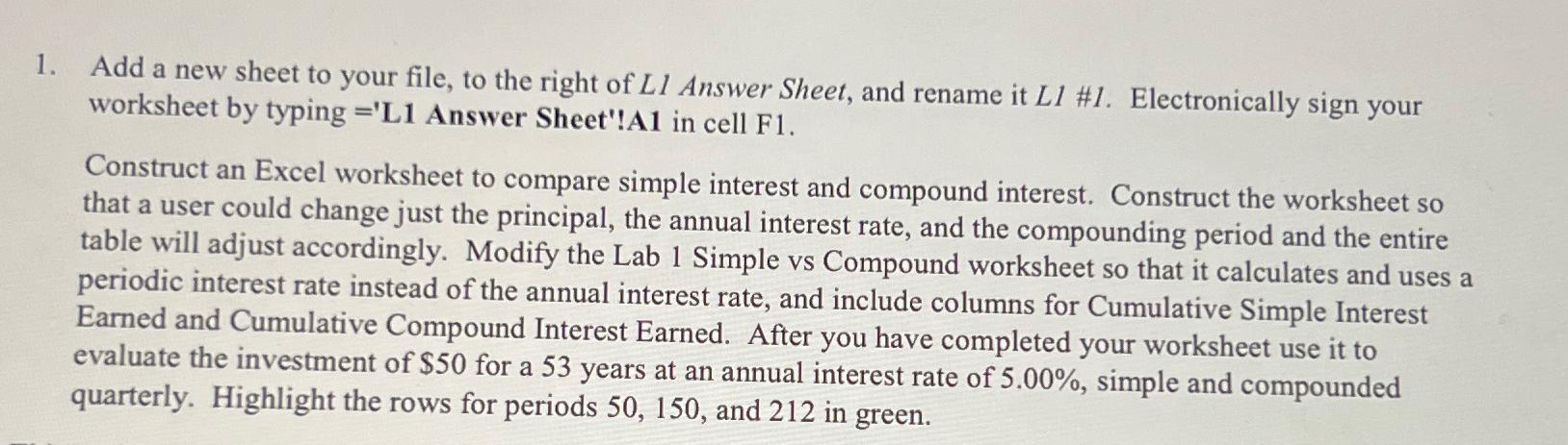 Solved Add a new sheet to your file, to the right of L1 | Chegg.com