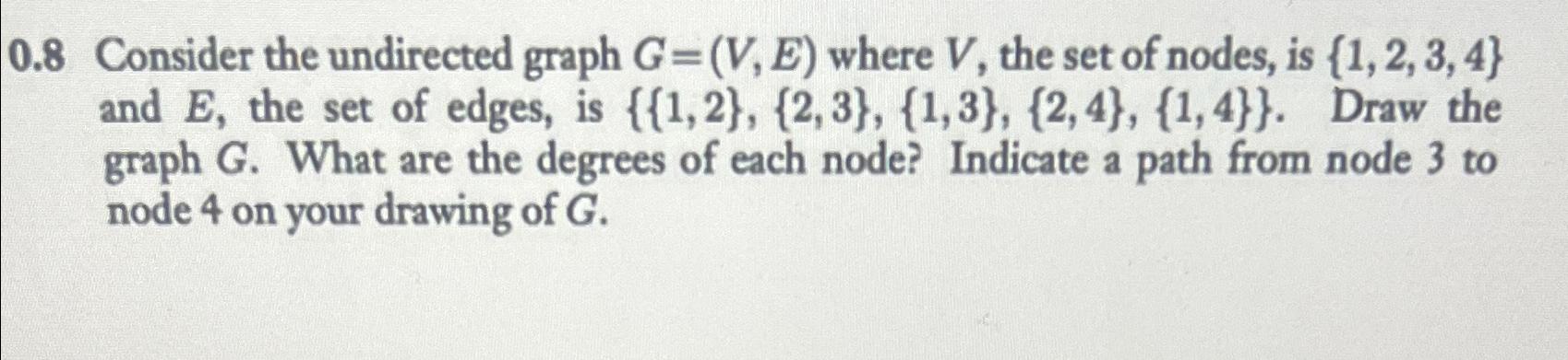 Solved 0.8 ﻿Consider the undirected graph G=(V,E) ﻿where V, | Chegg.com