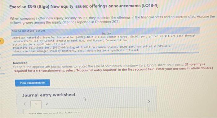 Solved Exercise 18-9 (Algo) New equity issues; offerings | Chegg.com Solved Exercise 18-9 (Algo) New equity issues; offerings | Chegg.com
