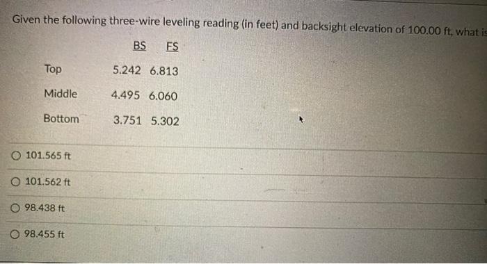 Solved Given the following three-wire leveling reading (in | Chegg.com