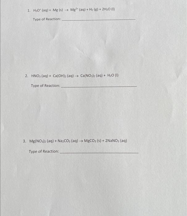 Solved Reaction Type Practice Identify the Type of Reaction | Chegg.com
