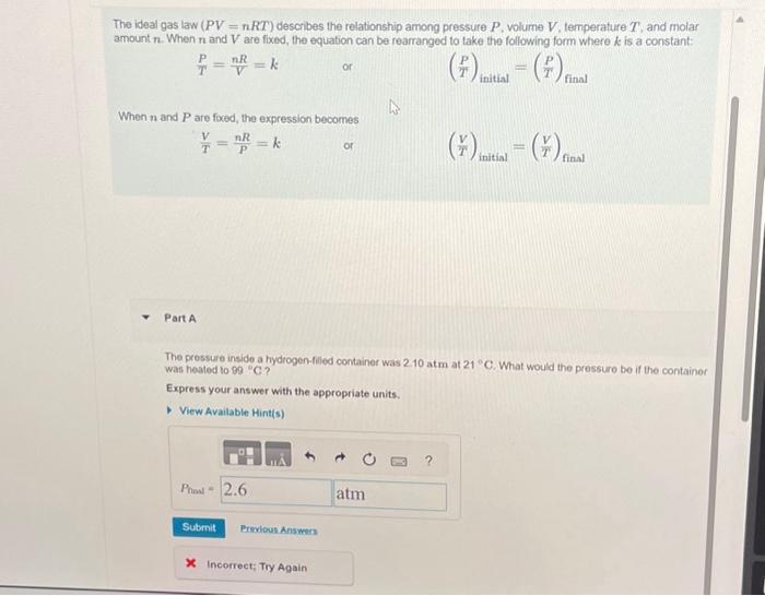 Solved The ideal gas law (PV=nRT) describes the relationship | Chegg.com