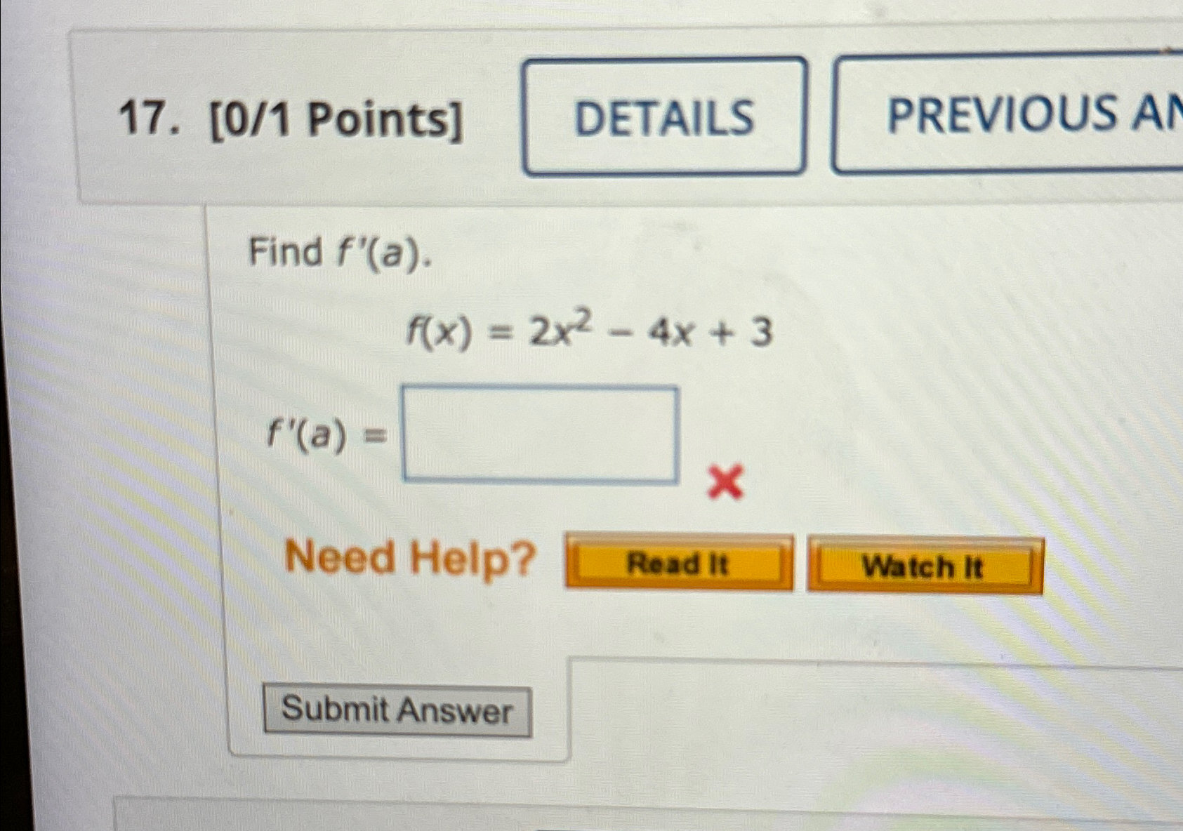 Solved [0 1 ﻿points]find F A F X 2x2 4x 3f A Need Help