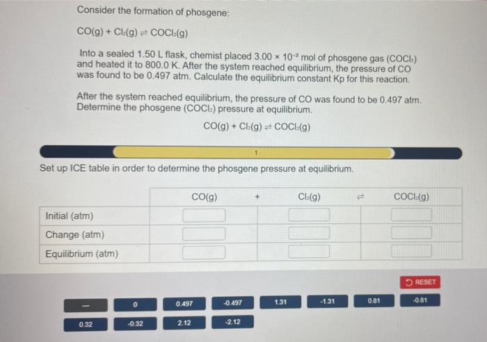 Solved Consider the formation of phosgene: CO(g) + Cl (g) | Chegg.com