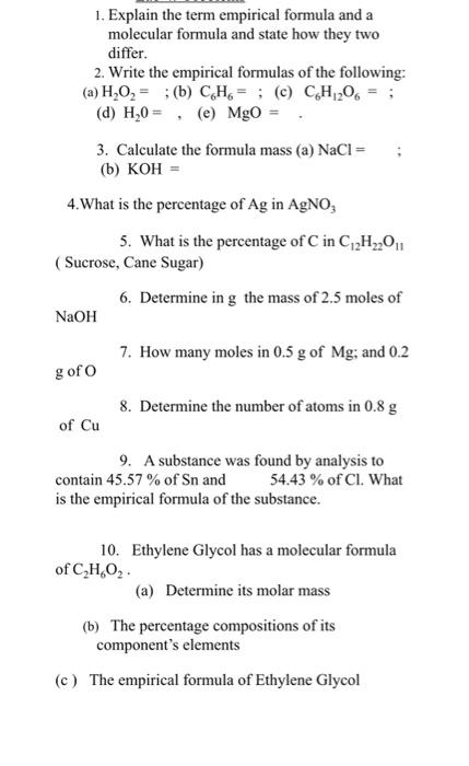 Solved 1. Explain the term empirical formula and a molecular | Chegg.com