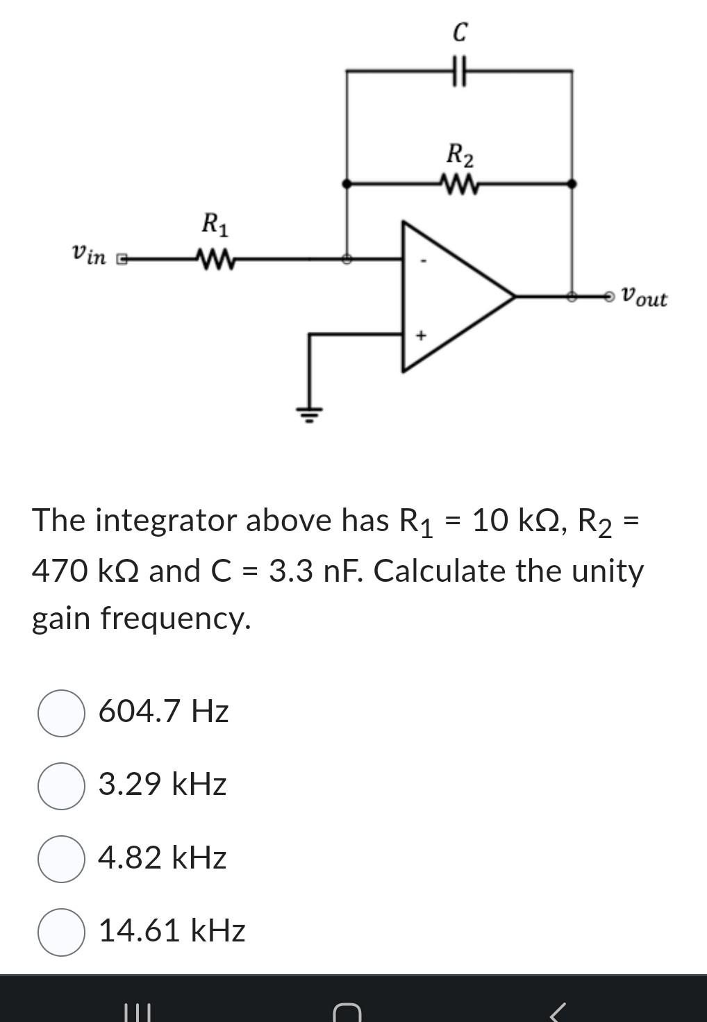 Solved The integrator above has R1=10kΩ,R2= 470kΩ and | Chegg.com