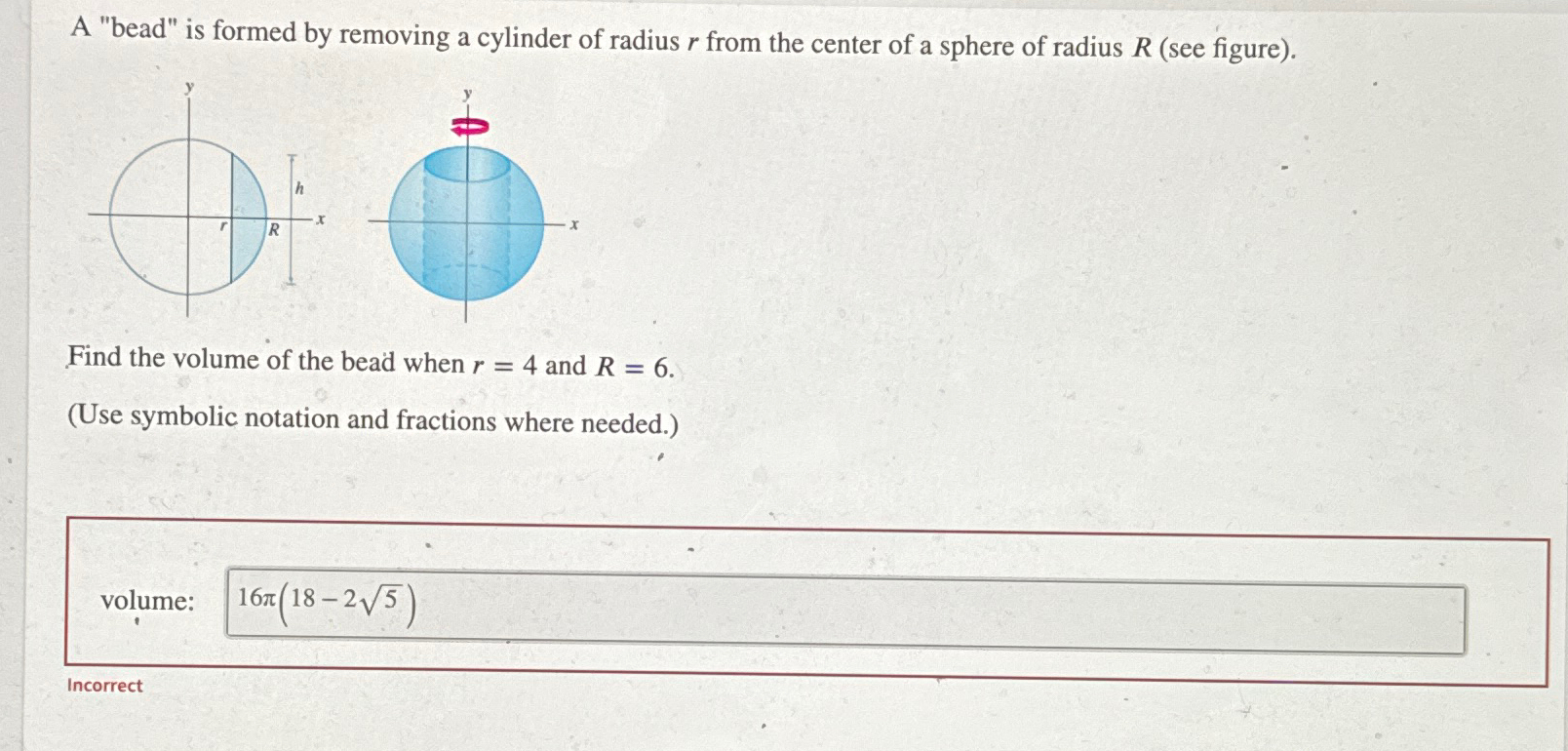 Solved A "bead" is formed by removing a cylinder of radius r | Chegg.com