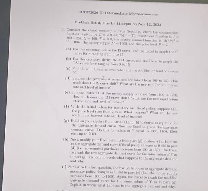 Solved ECON2020-II: Intermediate Macroeconomics Problem Set | Chegg.com