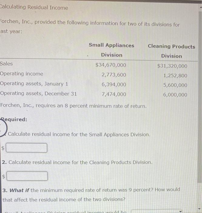 Solved Calculating Residual Income Forchen, Inc., provided | Chegg.com
