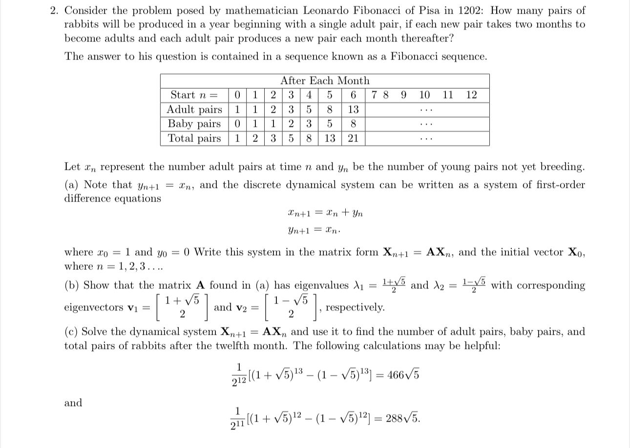 Solved Consider the problem posed by mathematician Leonardo | Chegg.com