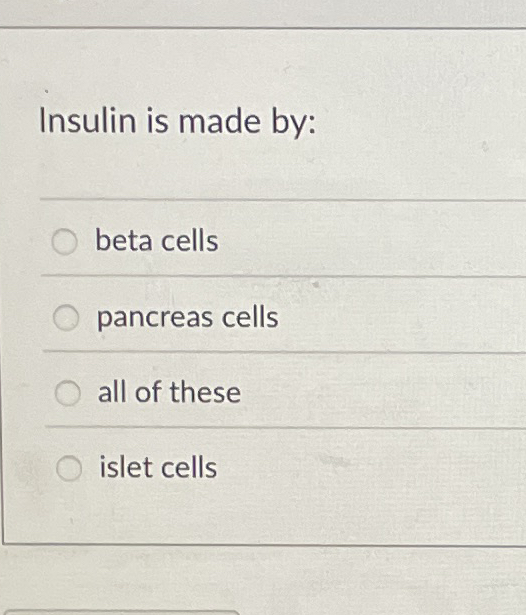 Solved Insulin is made by:beta cellspancreas cellsall of | Chegg.com