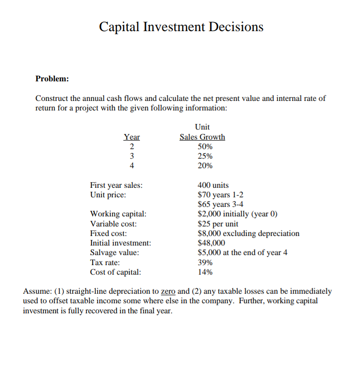 Solved Capital Investment Decisions Problem: Construct the | Chegg.com