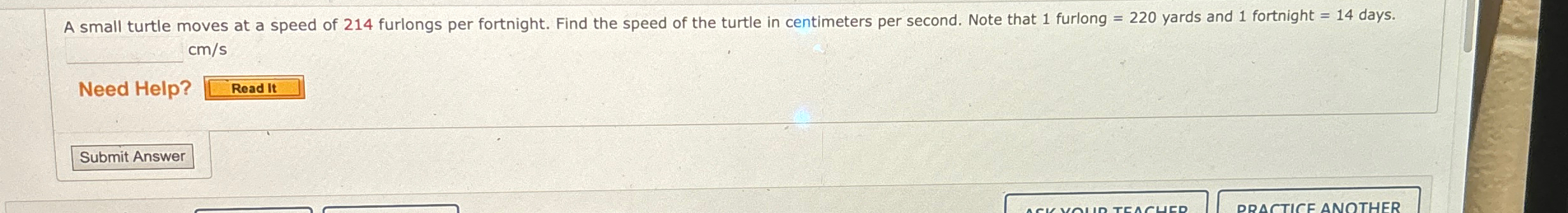 Solved A small turtle moves at a speed of 214 ﻿furlongs per | Chegg.com
