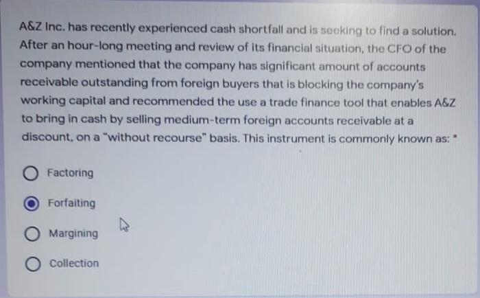 Solved A&Z Inc. has recently experienced cash shortfall and | Chegg.com