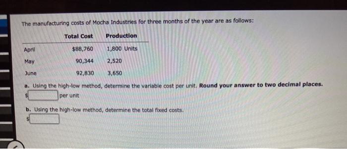 Solved The manufacturing costs of Mocha Industries for three | Chegg.com