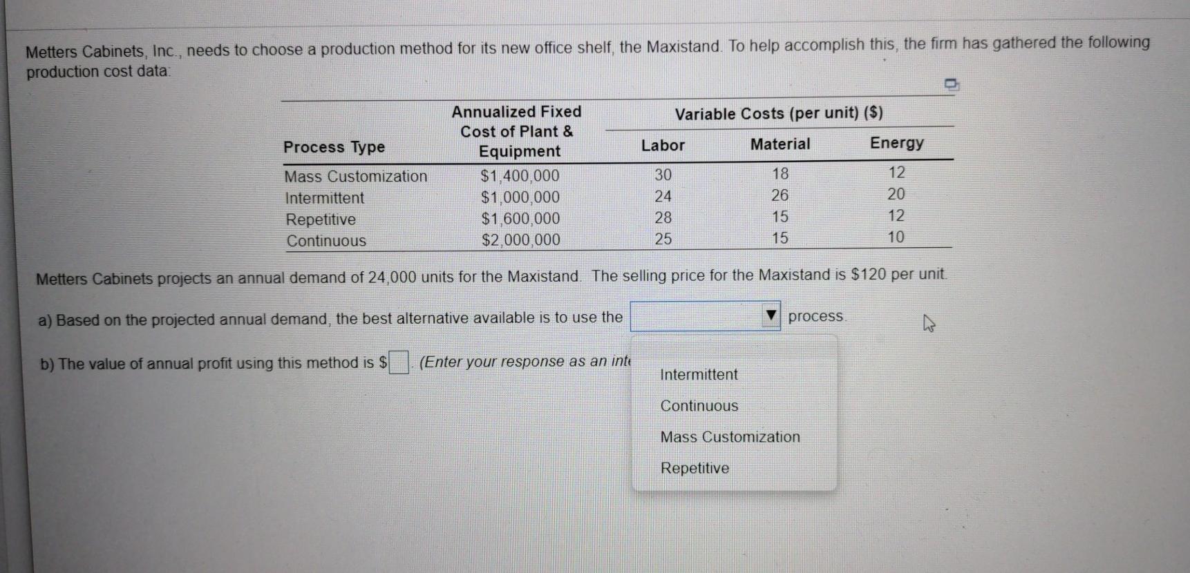 Solved Metters Cabinets, Inc., needs to choose a production | Chegg.com