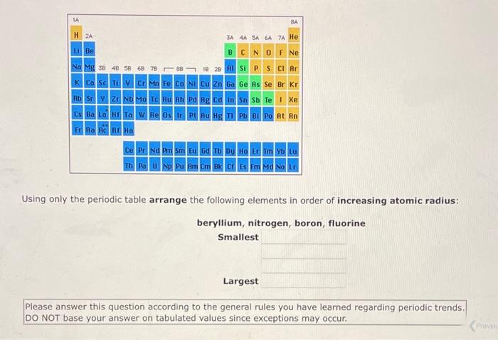 Solved Using only the periodic table arrange the following | Chegg.com