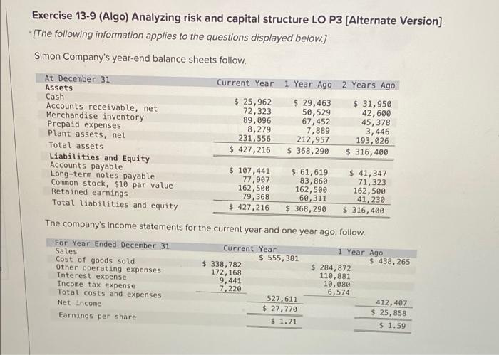 Solved Exercise 13-9 (Algo) Analyzing risk and capital | Chegg.com