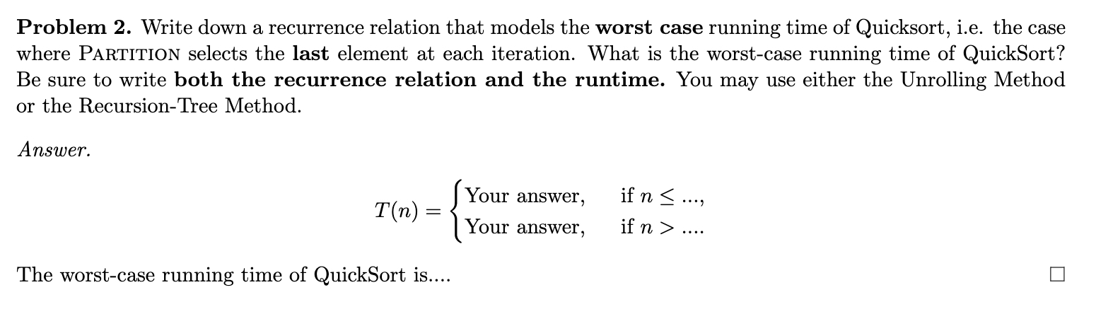 Solved Problem 2. ﻿Write down a recurrence relation that | Chegg.com
