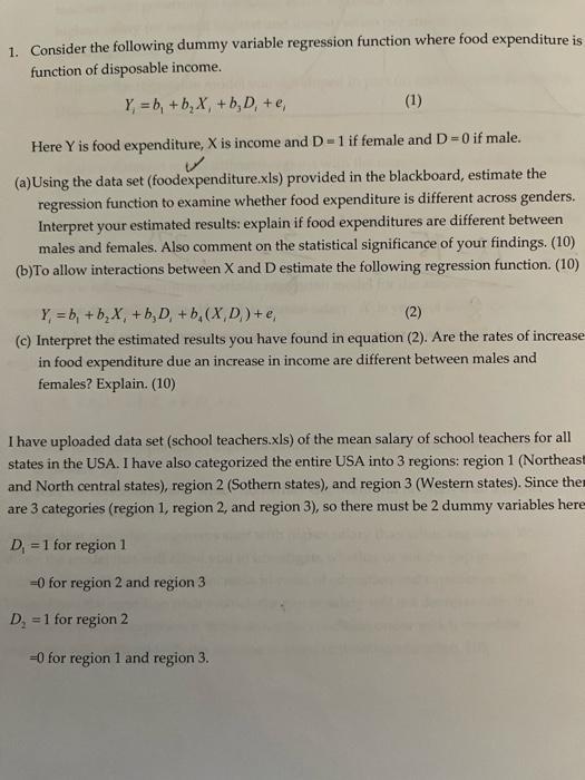 1. Consider the following dummy variable regression | Chegg.com