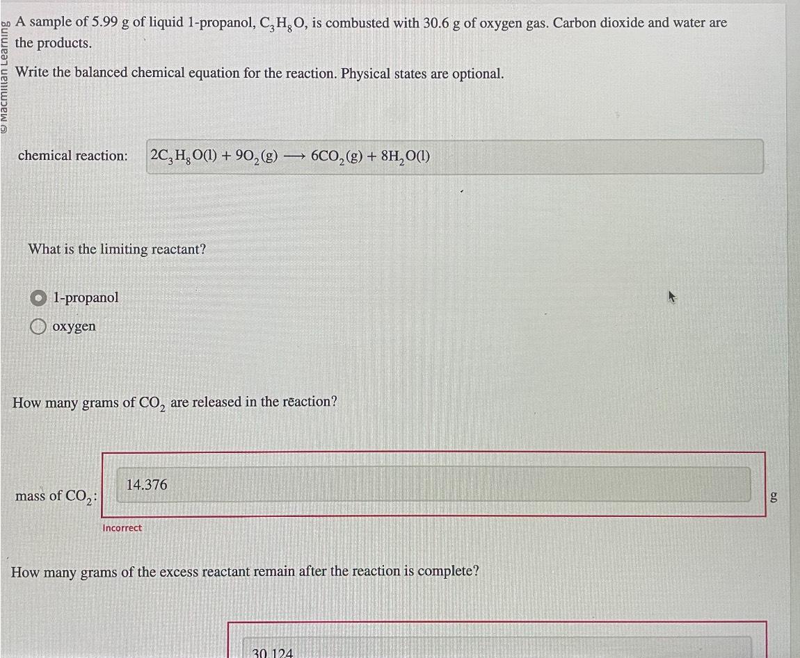 Solved A sample of 5.99g ﻿of liquid 1-propanol, C3H8O, ﻿is | Chegg.com