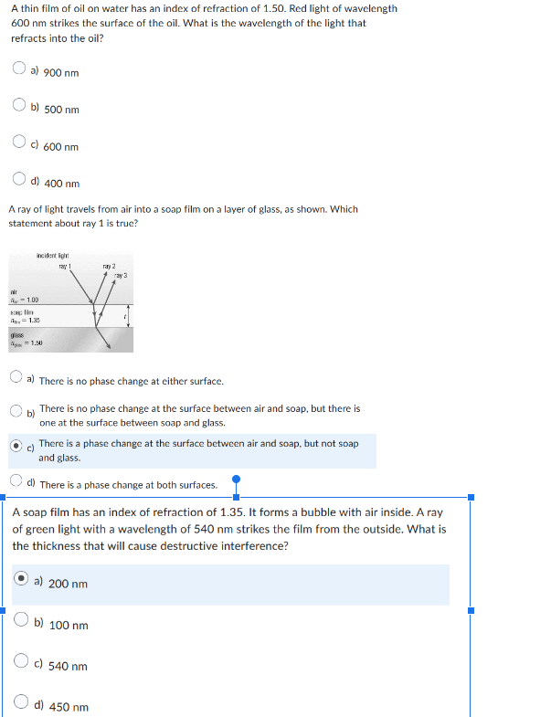Solved A thin film of oil on water has an index of | Chegg.com