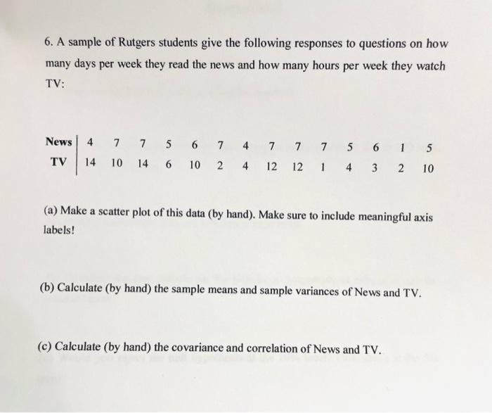 Solved 6. A sample of Rutgers students give the following | Chegg.com