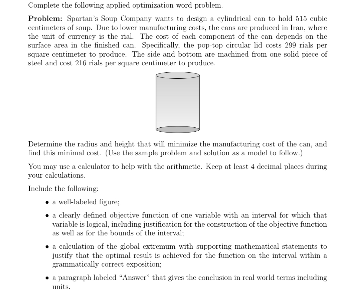 Solved Complete the following applied optimization word | Chegg.com