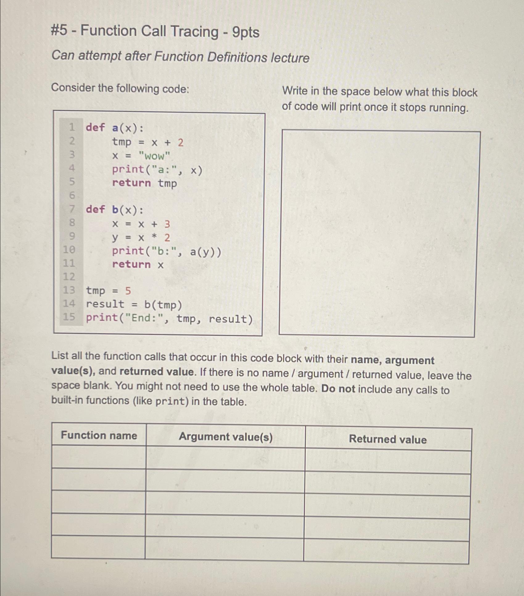 Solved #5 - ﻿Function Call Tracing - 9ptsCan attempt after | Chegg.com