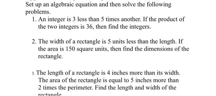 Solved Set up an algebraic equation and then solve the | Chegg.com