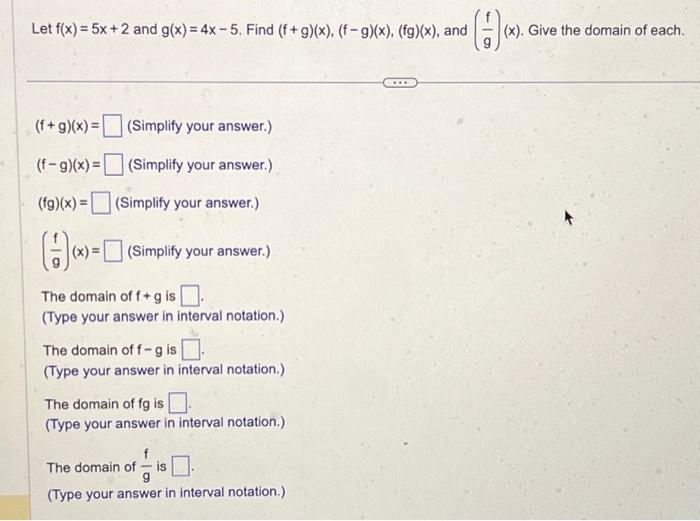 Solved Let f(x)=5x+2 and g(x)=4x−5. Find | Chegg.com